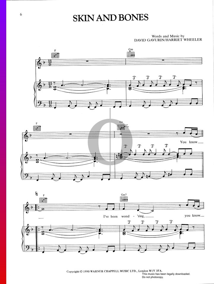 Skin And Bones (The Sundays) Piano Sheet Music - OKTAV