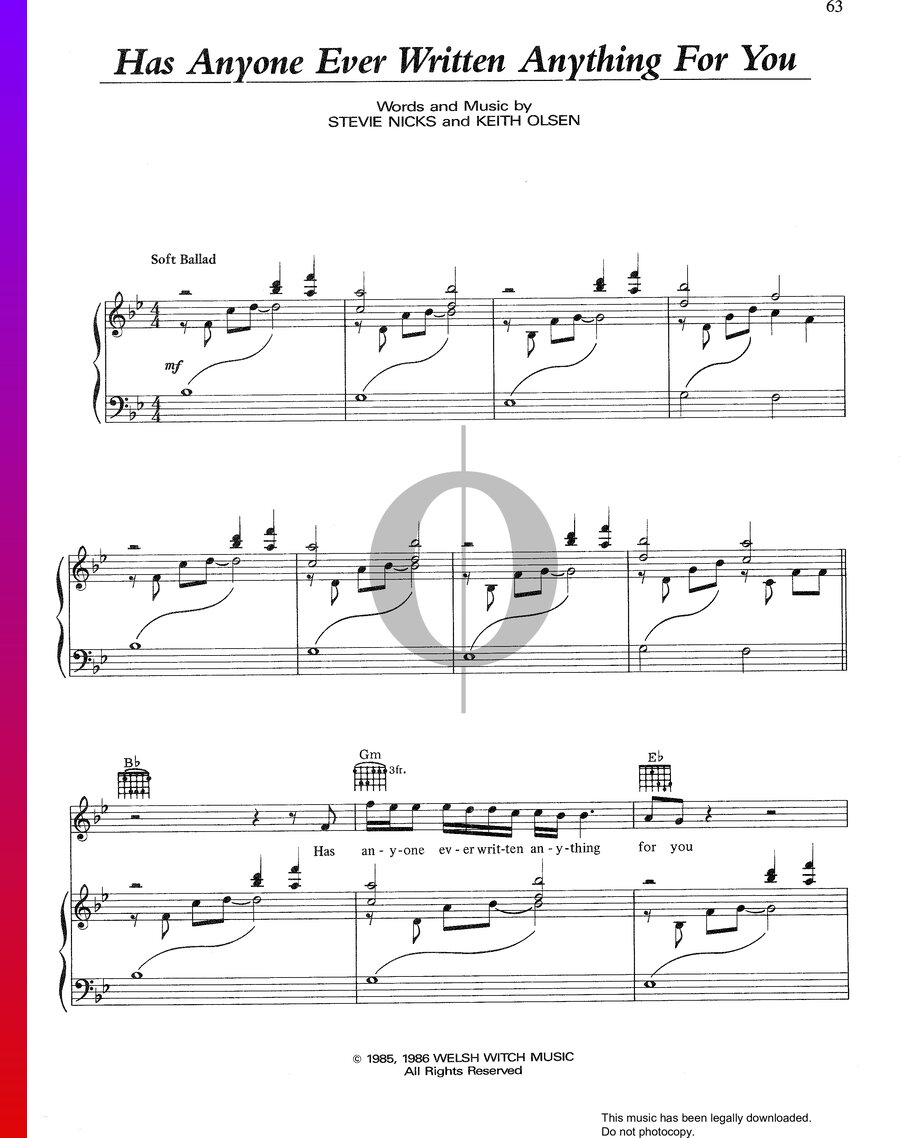 Has Anyone Ever Written Anything For You (Stevie Nicks) Piano Sheet ...
