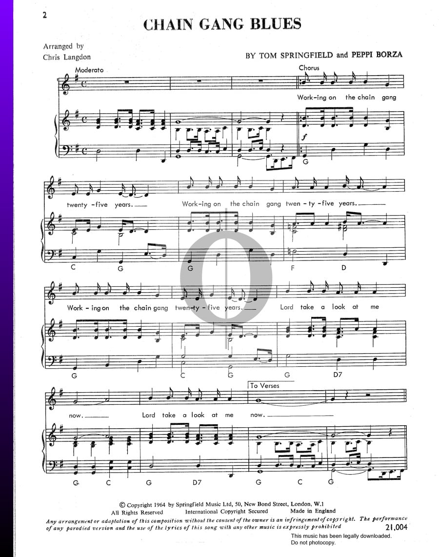 Chain Gang Blues (Tom Springfield, Peppi Borza) Piano Sheet Music - OKTAV