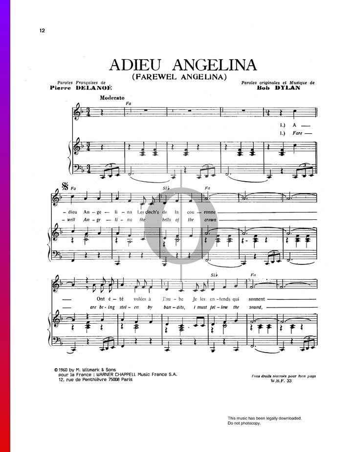 Adieu Angelina (Farewell Angelina) (Joan Baez) Piano Sheet Music - OKTAV