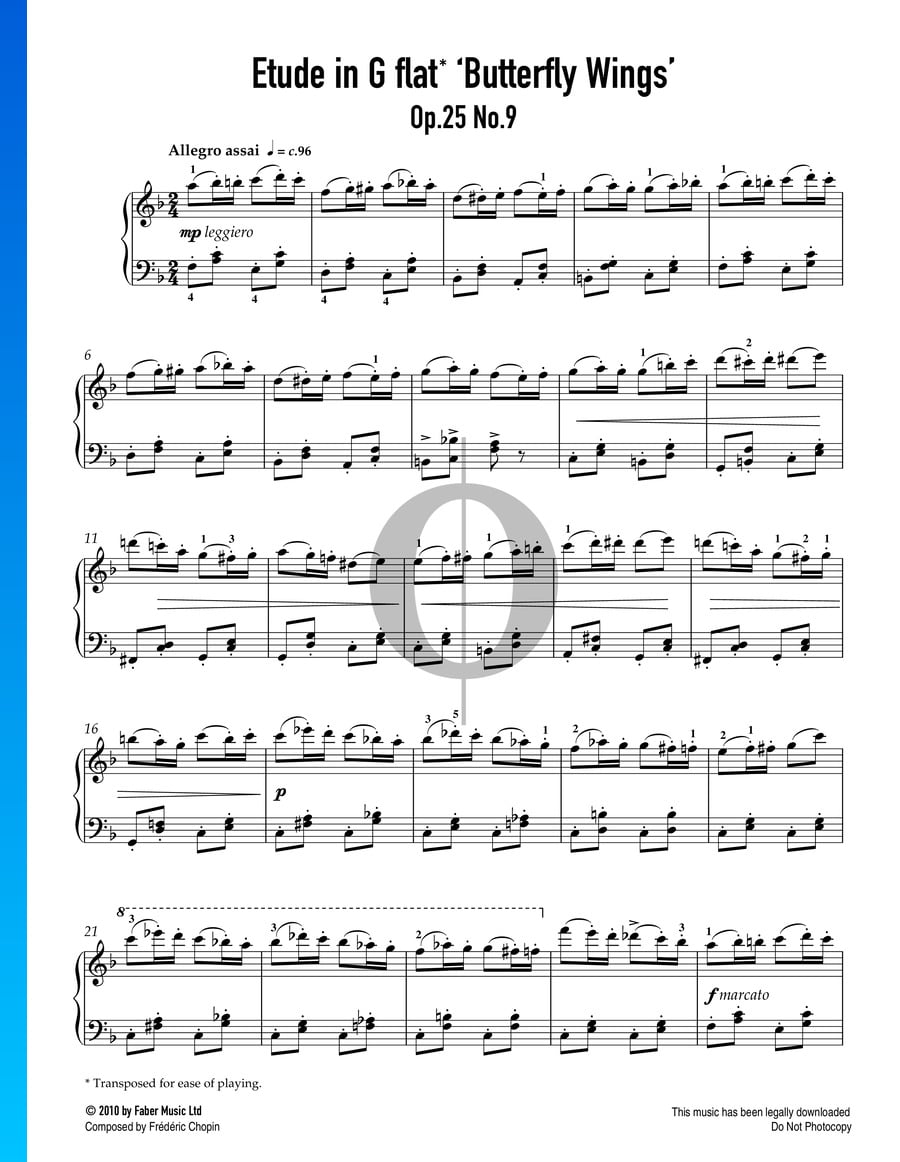 Étude in G-flat Major, Op. 25 No. 9 ("Butterfly Wings") (Frédéric Chopin) Piano Sheet Music - OKTAV