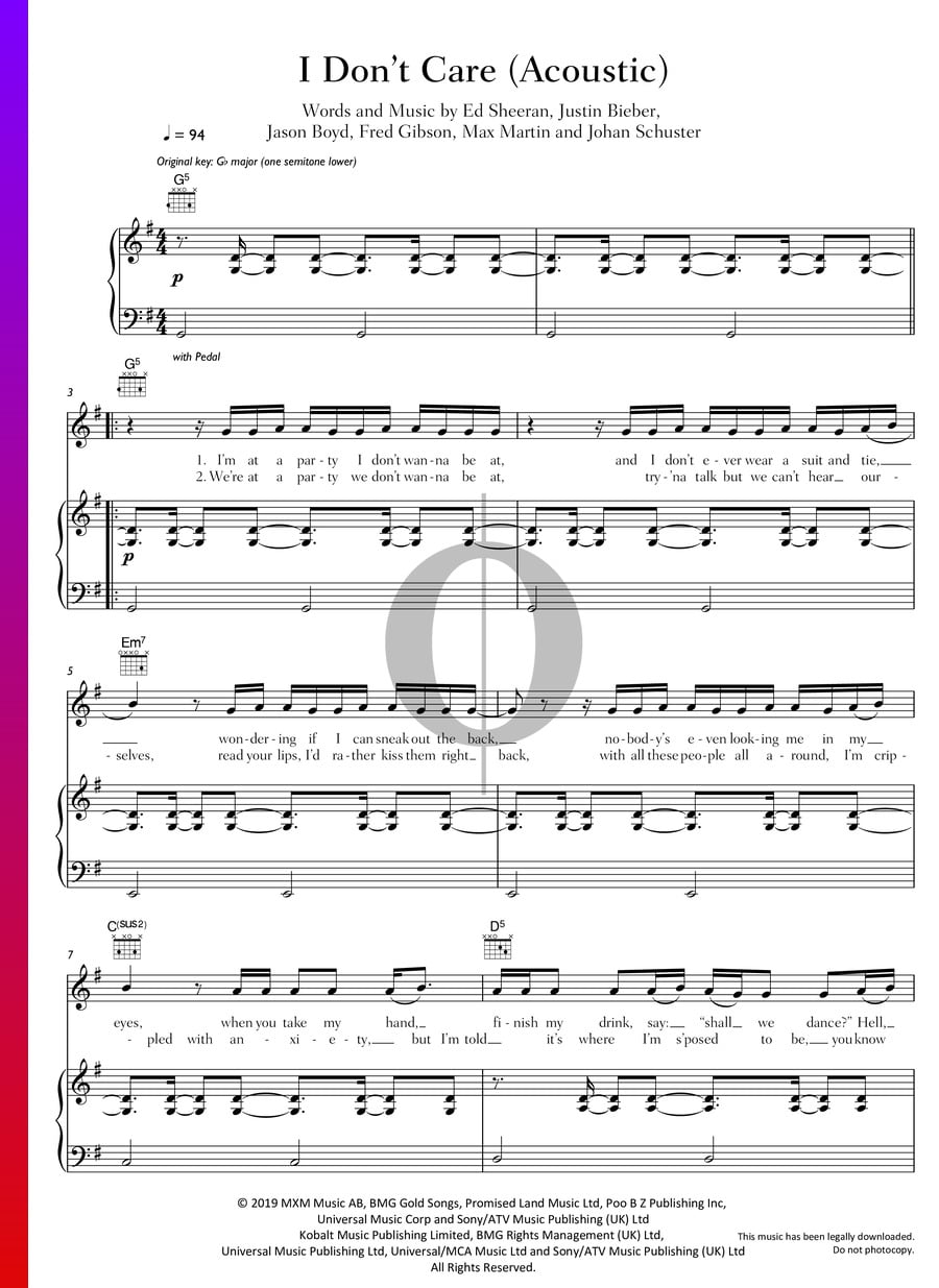 I Don't Care (Ed Sheeran, Justin Bieber) Piano Sheet Music - OKTAV