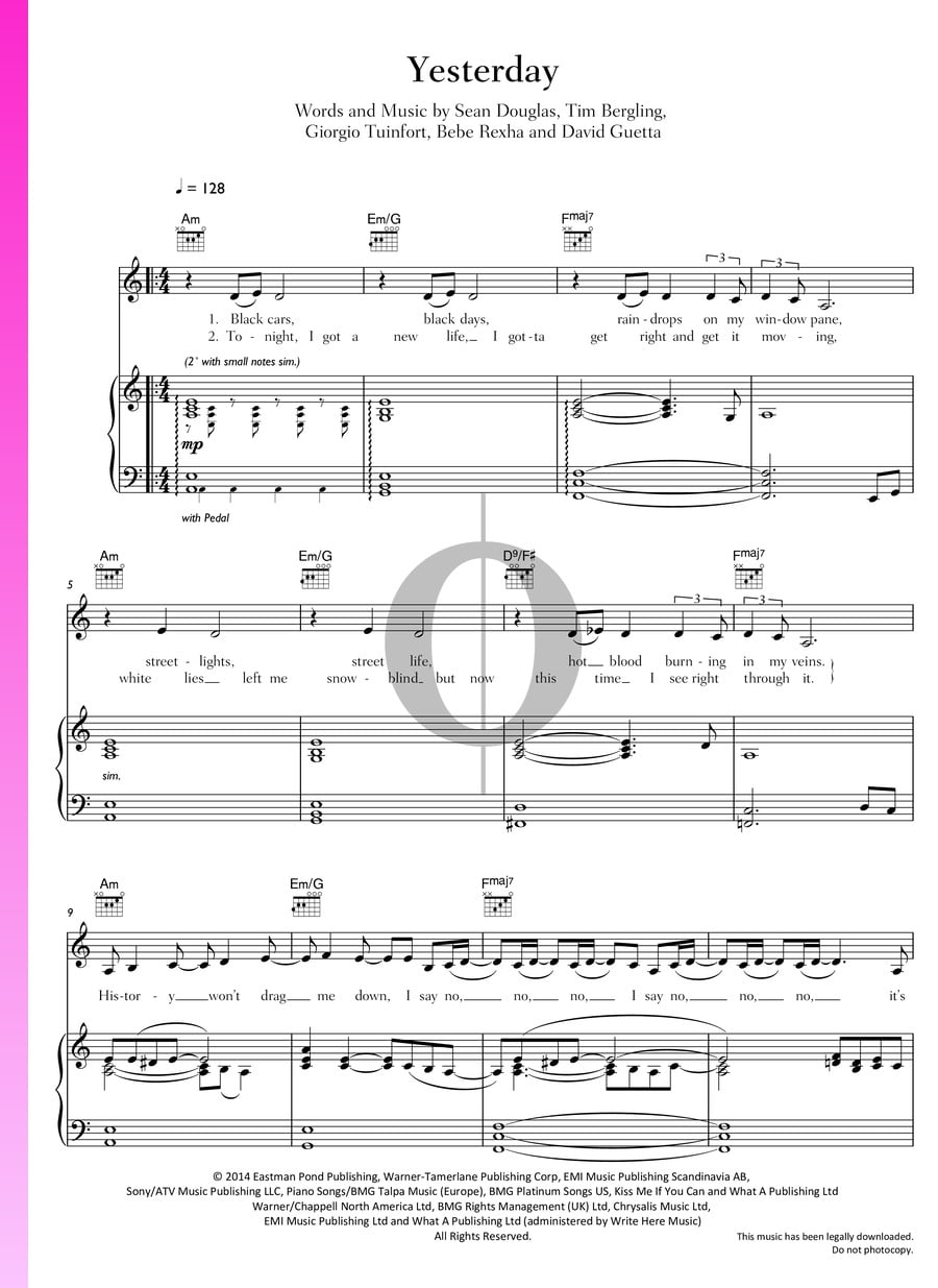 Yesterday (David Guetta, Bebe Rexha) Piano Sheet Music - OKTAV