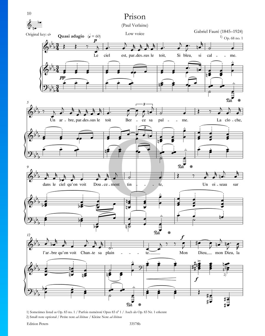 Prison, Op. 68 No. 1 (Gabriel Fauré) Piano Sheet Music - OKTAV