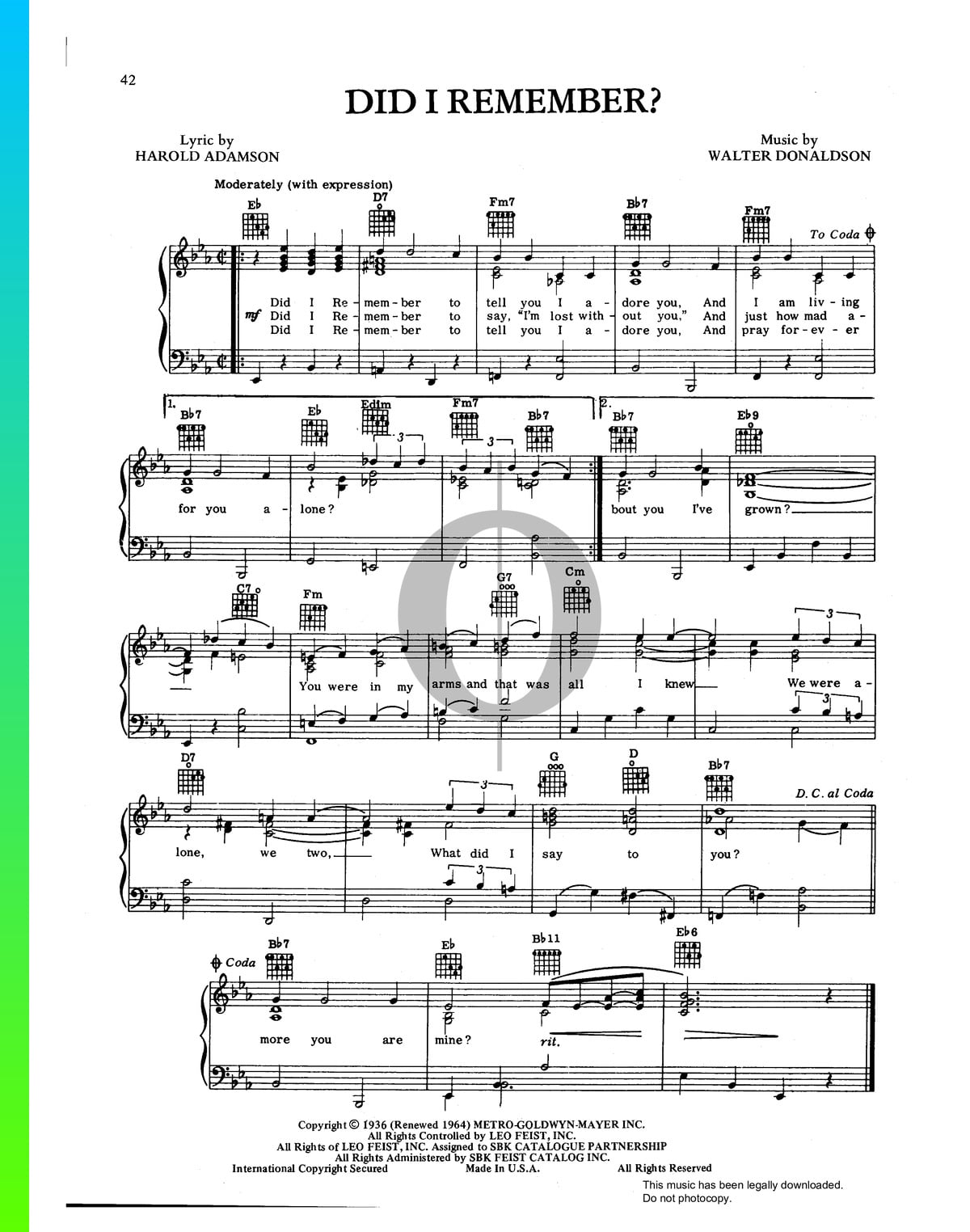 Did I Remember Piano Sheet Music from Suzy by Walter Donaldson, Harold Adamson - OKTAV