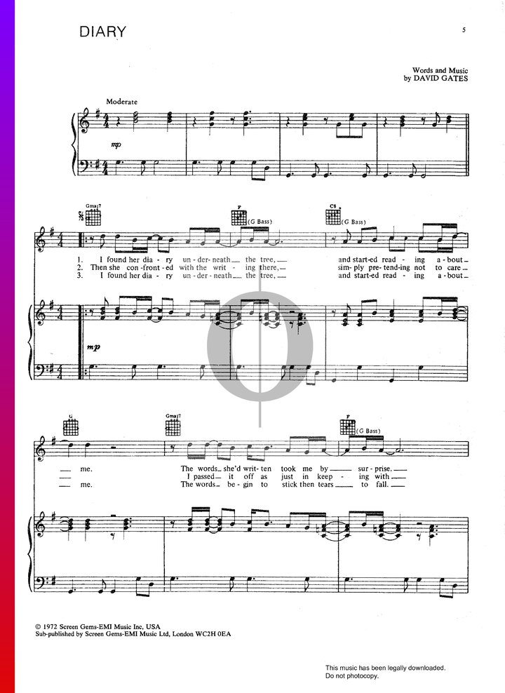 Diary (Bread) Piano Sheet Music - OKTAV