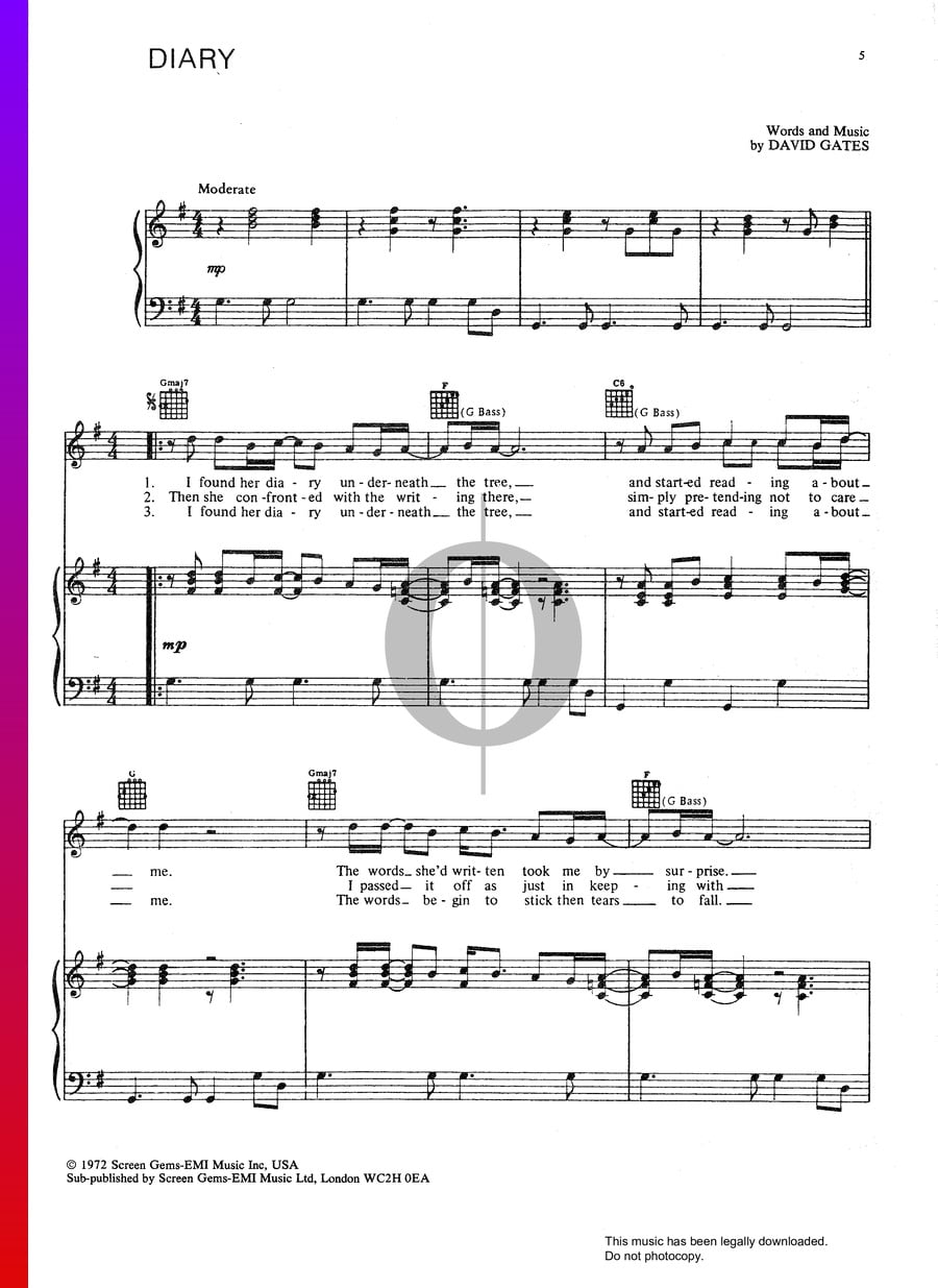 Diary (Bread) Piano Sheet Music - OKTAV