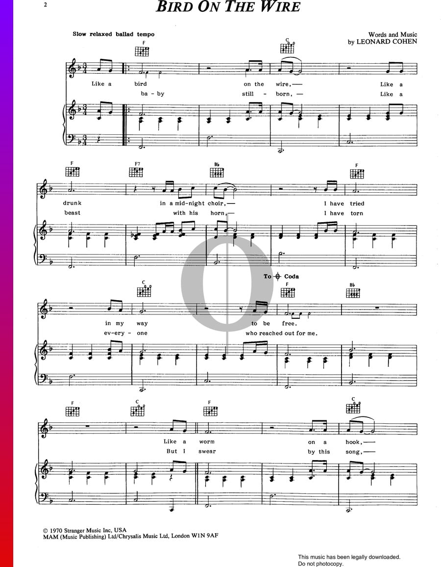 Bird On The Wire (Leonard Cohen) Piano Sheet Music - OKTAV