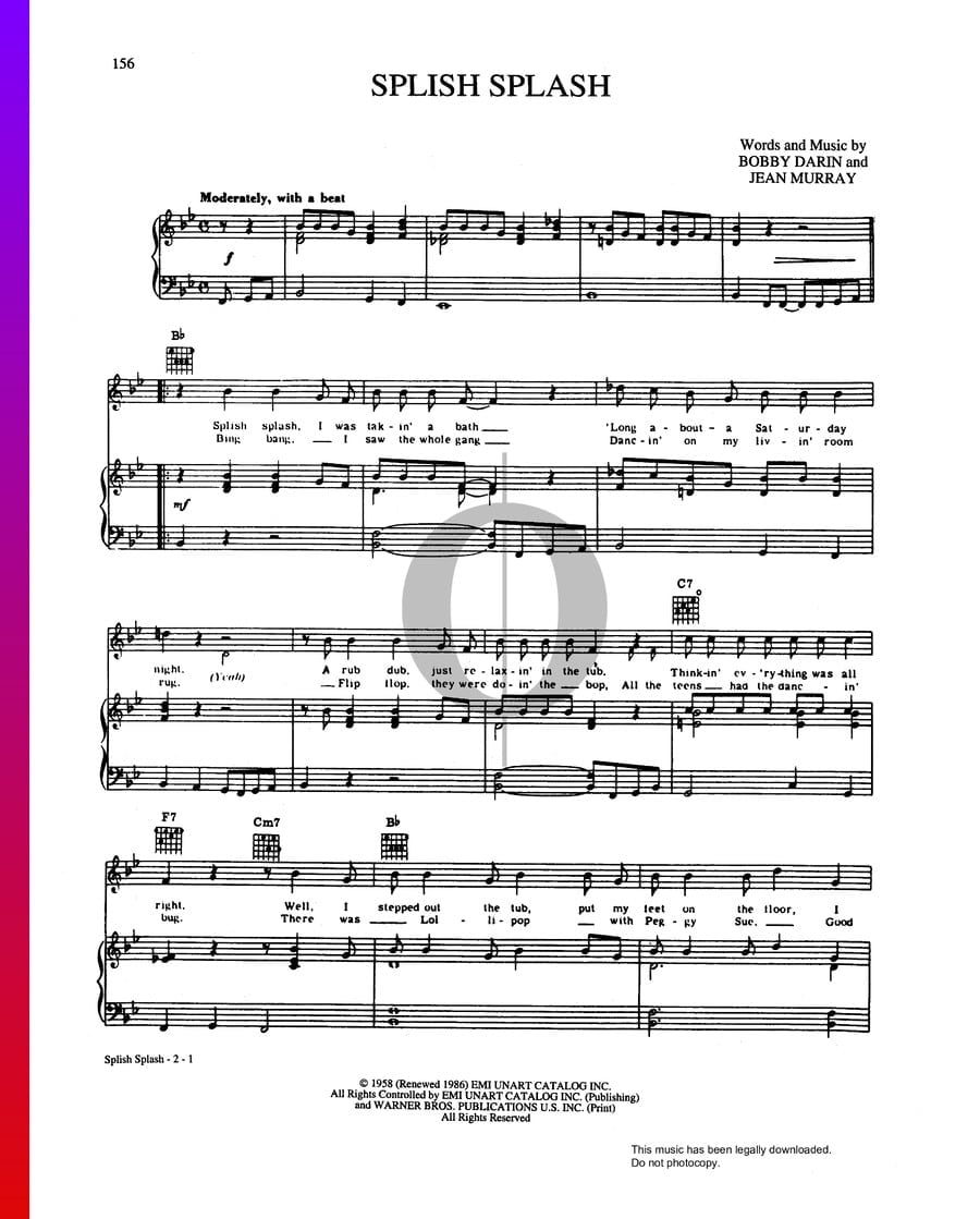 Splish Splash Bobby Darin Piano Sheet Music Oktav
