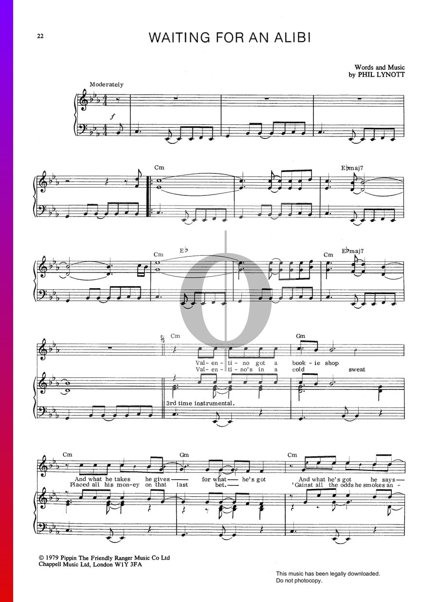 Waiting For An Alibi (Thin Lizzy) Piano Sheet Music - OKTAV