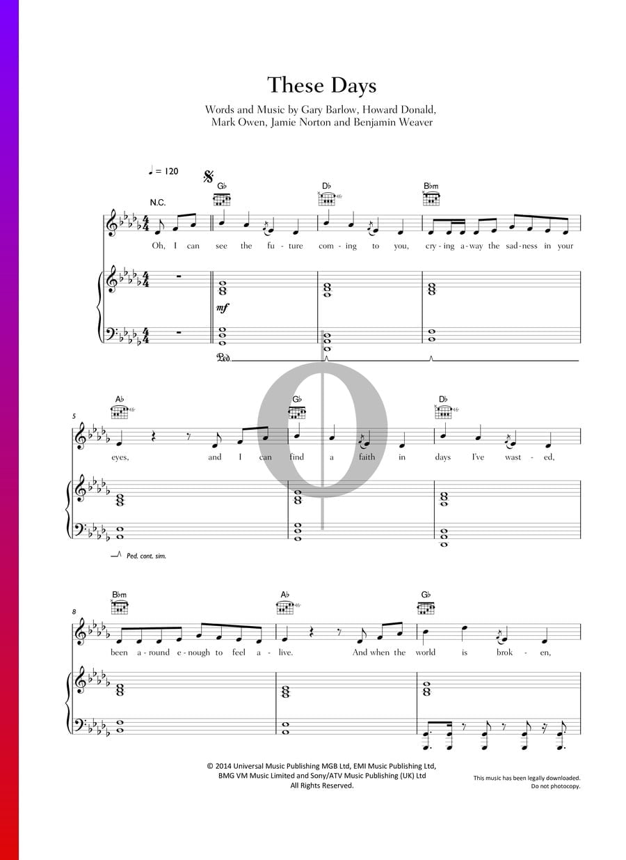 These Days (Take That) Piano Sheet Music - OKTAV