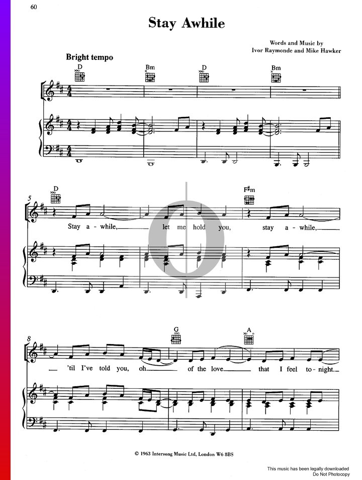 Stay Awhile (Dusty Springfield) Piano Sheet Music - OKTAV