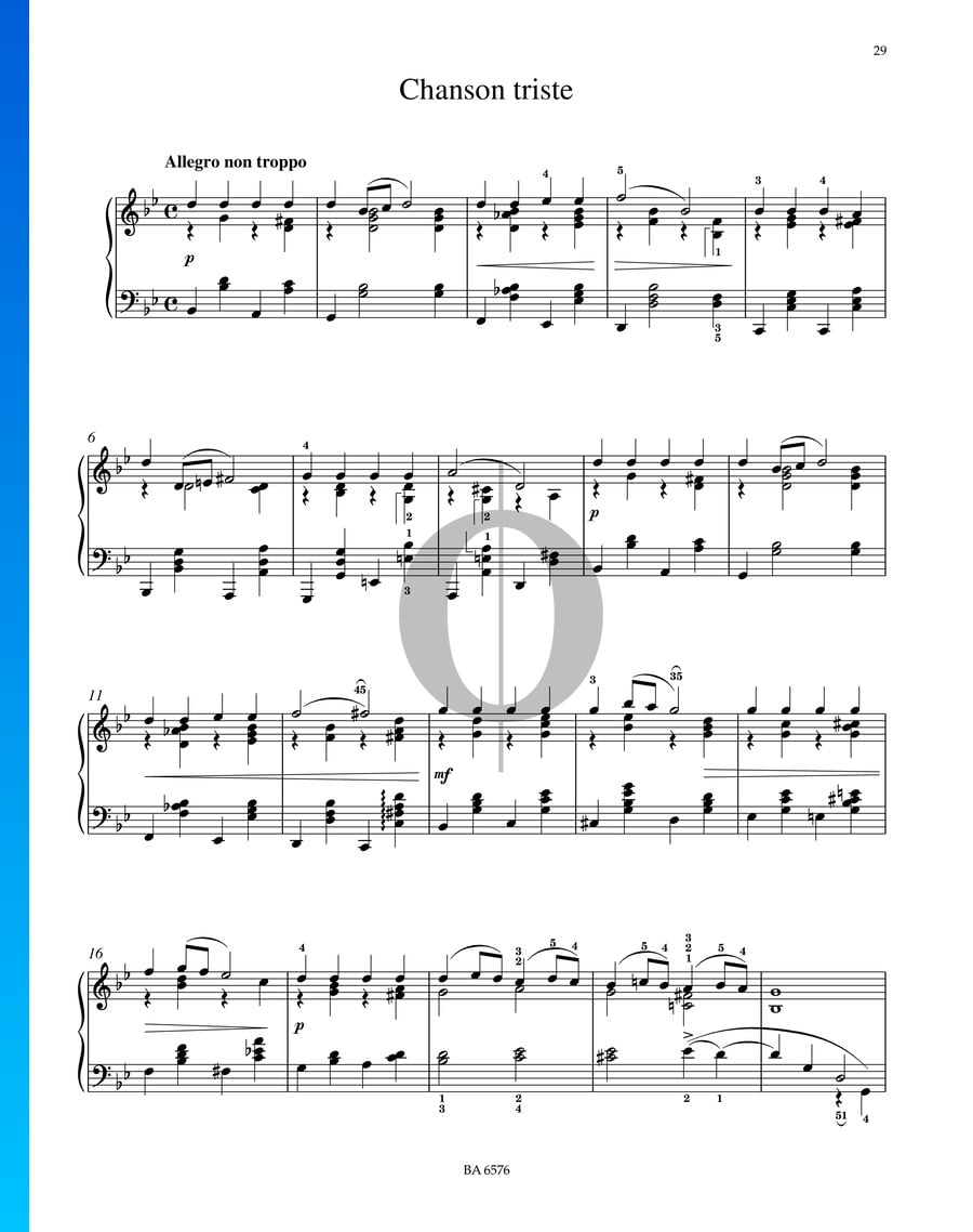 Chanson Triste, Op. 40 No. 2 (Pjotr Iljitsch Tschaikowski) Piano Sheet ...