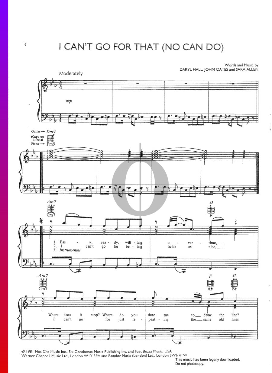 I Can't Go For That (No Can Do) (Hall & Oates) Piano Sheet Music - OKTAV