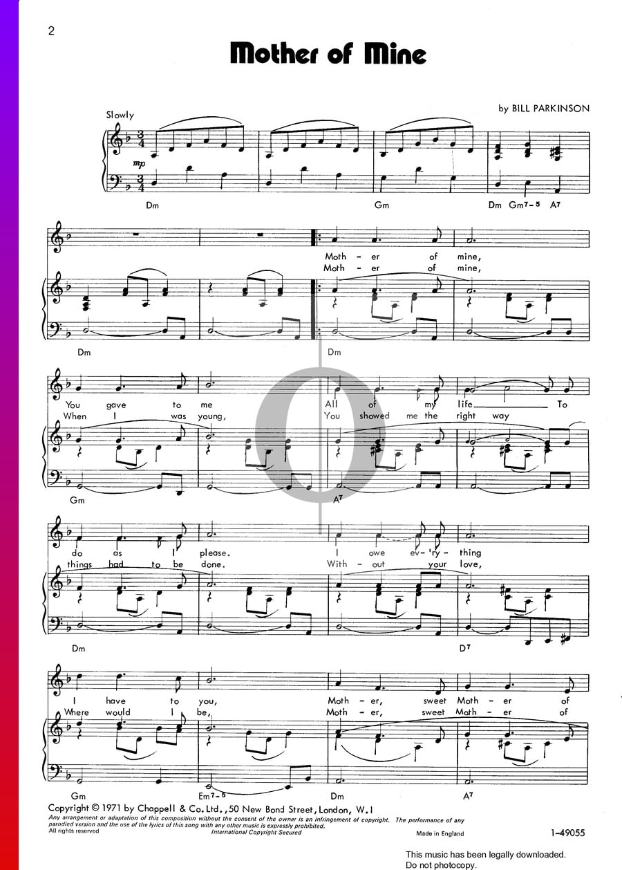 Mother Of Mine (Neil Reid) Piano Sheet Music - OKTAV
