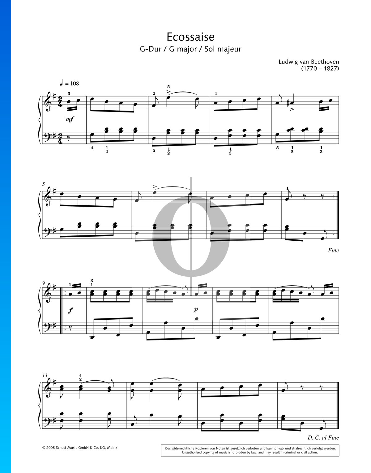 Ecossaise in G Major, WoO 23 (Ludwig van Beethoven) Piano Sheet Music ...