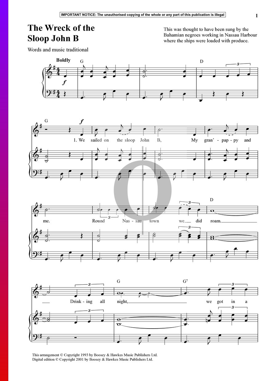 The Wreck Of The Sloop John B (Anonymous) Piano Sheet Music - OKTAV