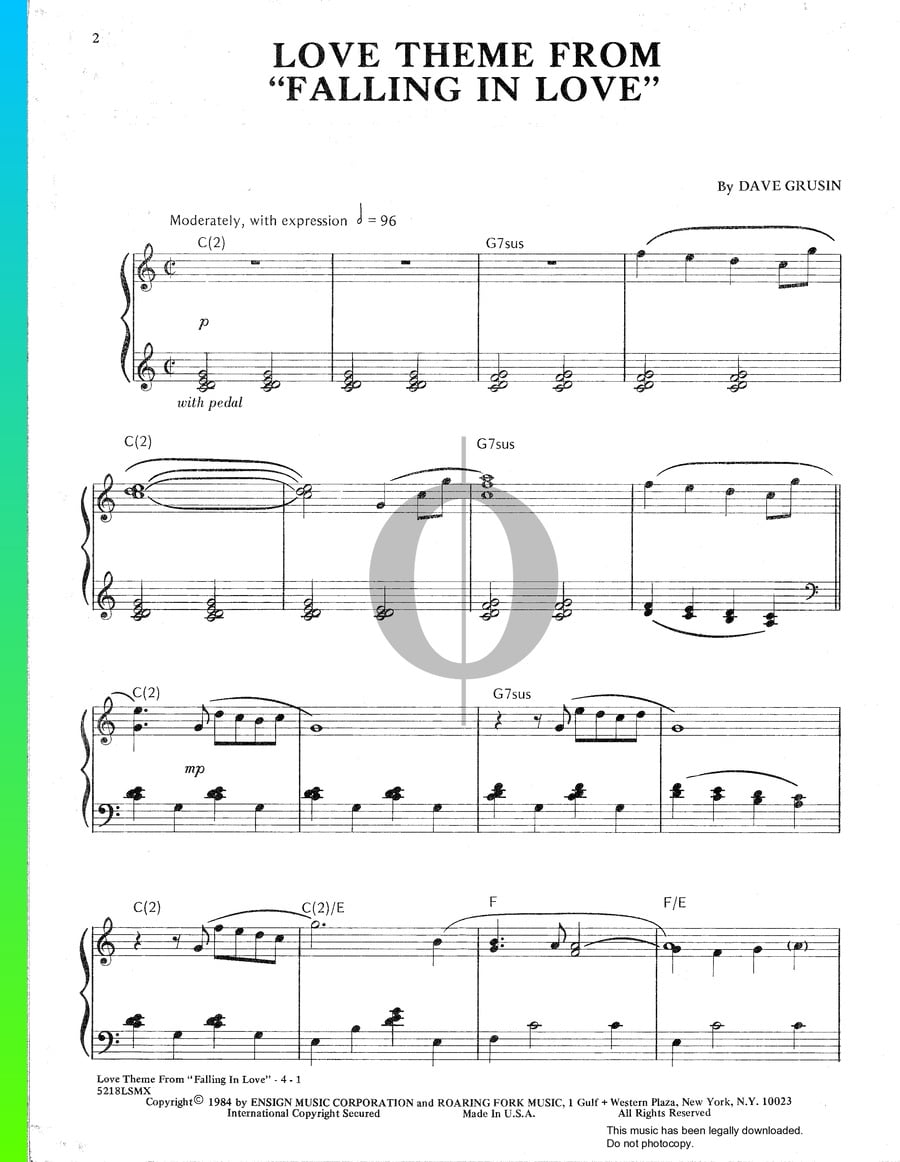 Love Theme (Falling In Love) Piano Sheet Music from Falling in Love by ...