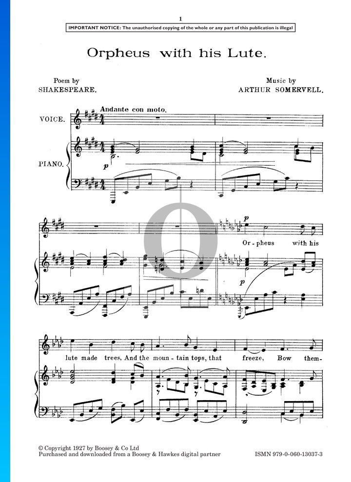 Orpheus With His Lute (Arthur Somervell) Piano Sheet Music - OKTAV