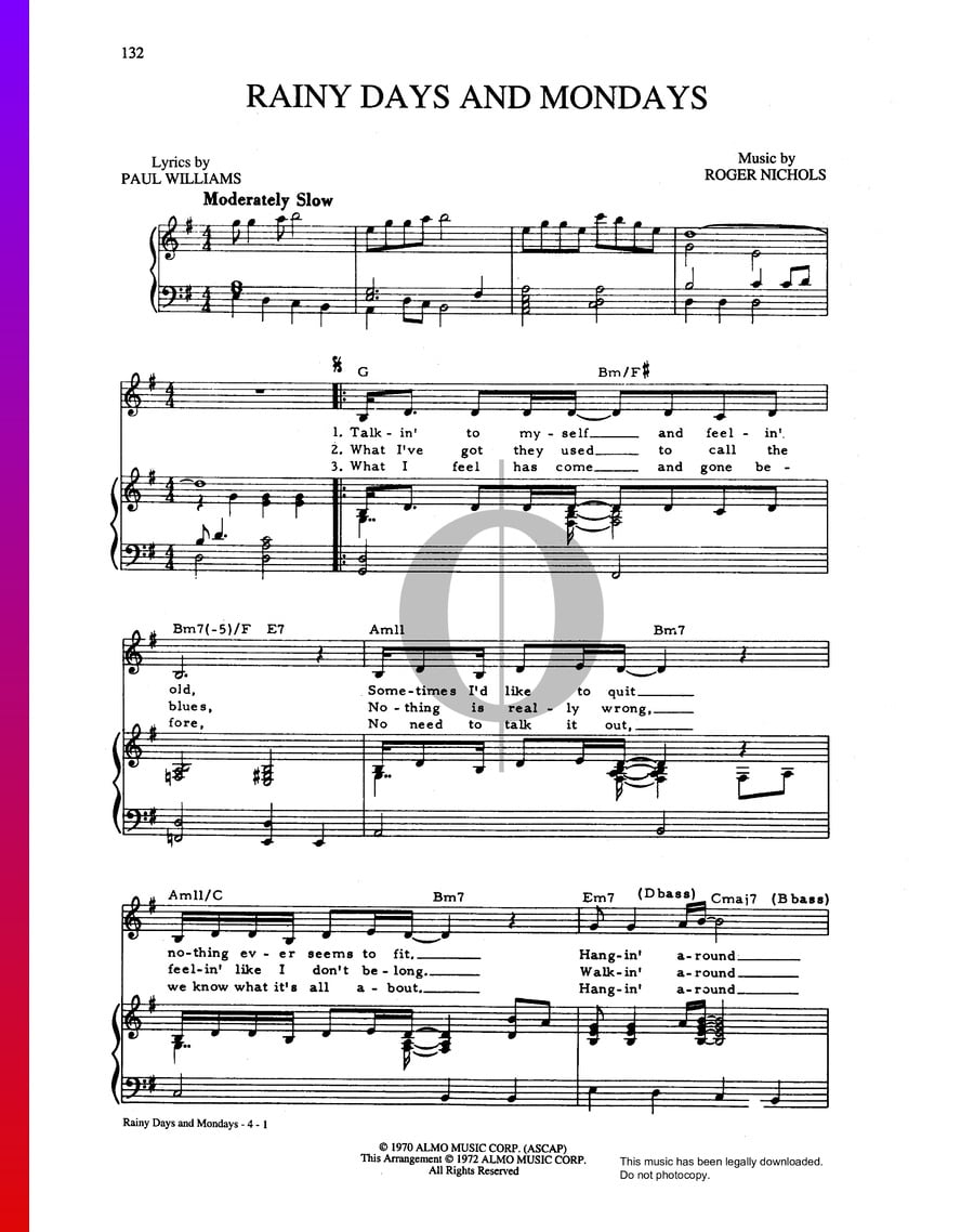 Rainy Days And Mondays (The Carpenters) Piano Sheet Music - OKTAV