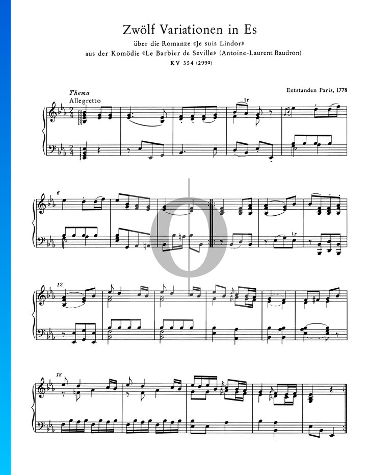 12 variaciones en mi bemol mayor, KV 354 (299a) Partitura » Wolfgang Amadeus Mozart (Piano Solo ...