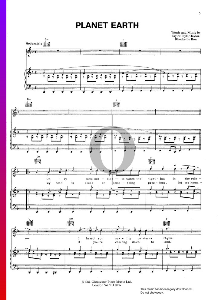 Planet Earth (Duran Duran) Piano Sheet Music - OKTAV