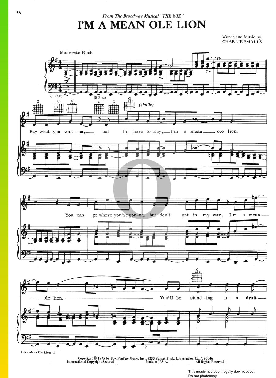 I'm A Mean Ole Lion (Charlie Smalls) Piano Sheet Music - OKTAV