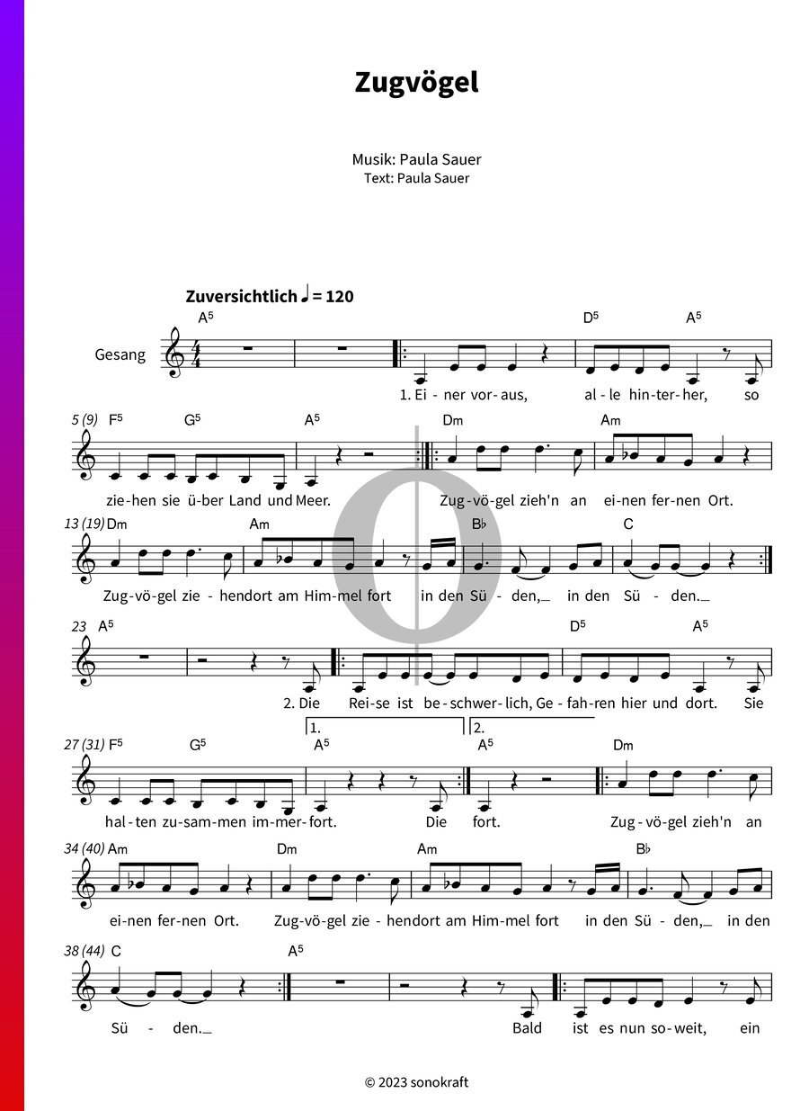Zugvögel (Paula Sauer) Piano Sheet Music - OKTAV