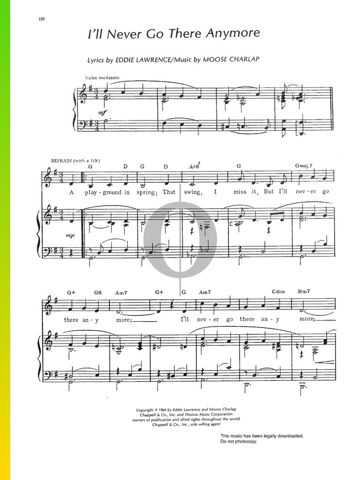 I'll Never Go There Anymore (Moose Charlap) Piano Sheet Music - OKTAV