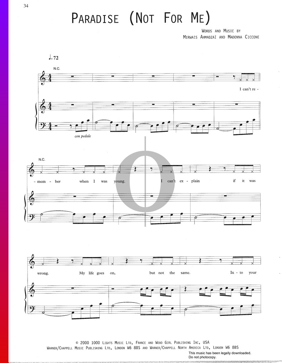 Paradise (Not For Me) (Madonna) Piano Sheet Music - OKTAV