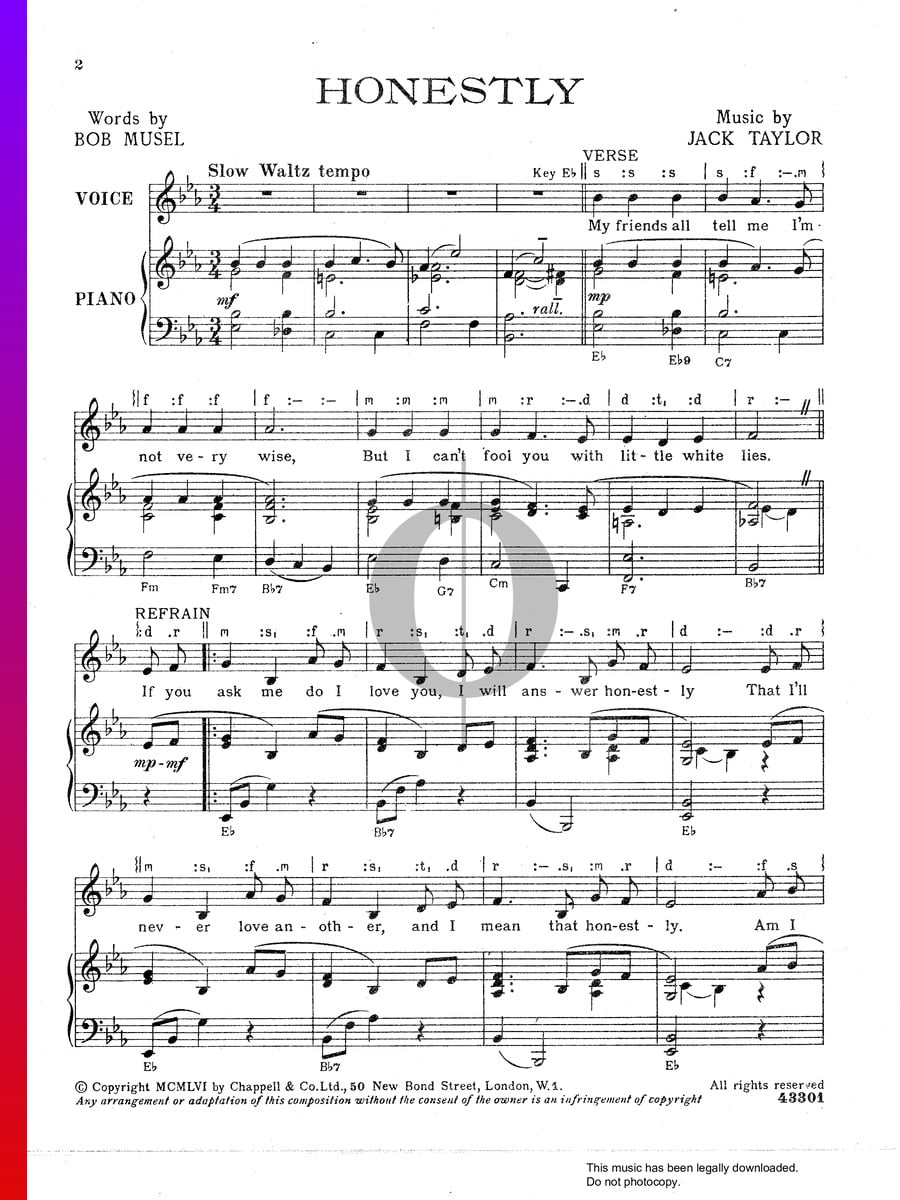 Honestly (Jack Taylor) Piano Sheet Music - OKTAV