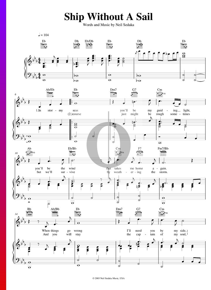 A Ship Without A Sail (Neil Sedaka) Piano Sheet Music - OKTAV