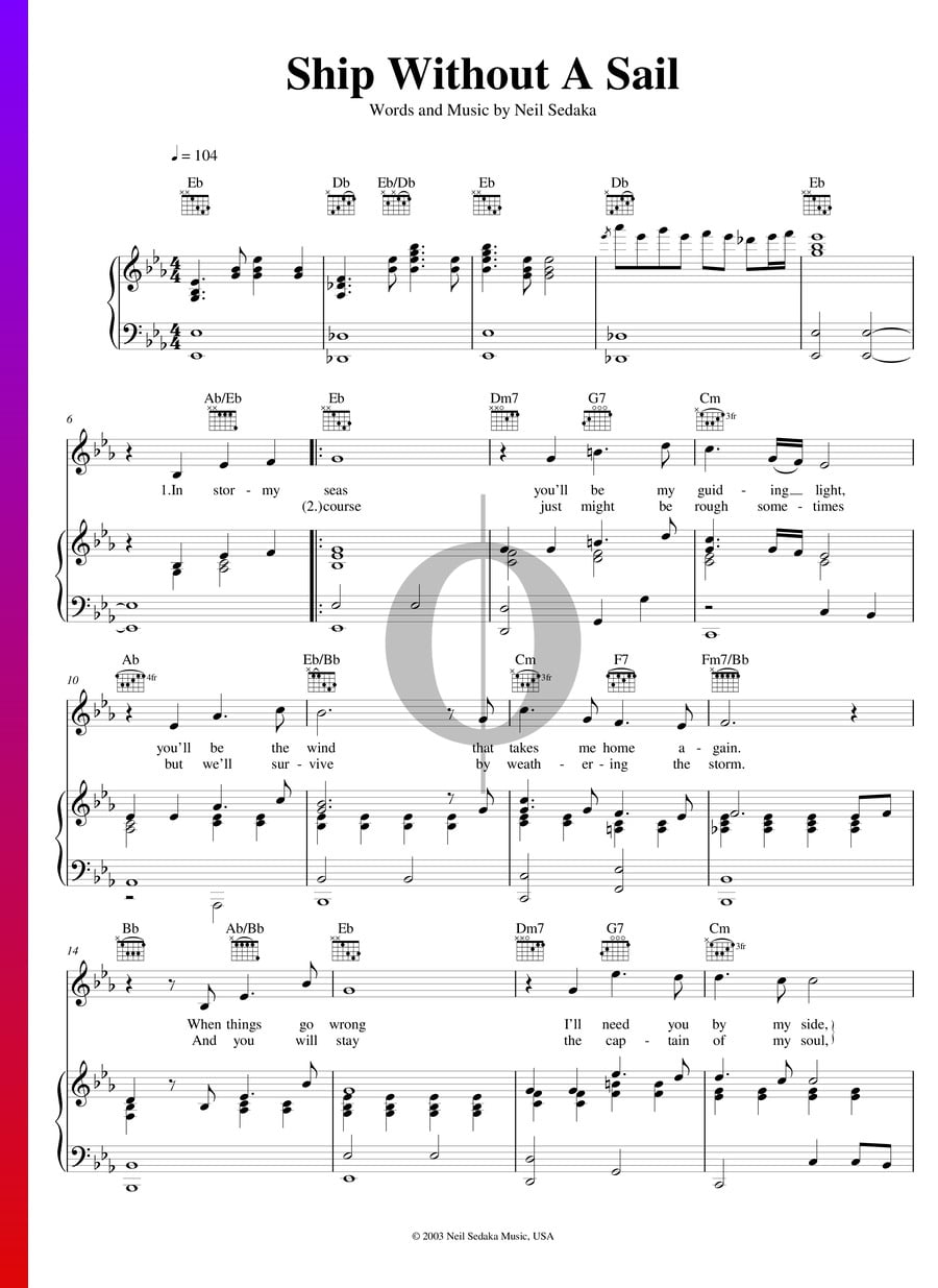 A Ship Without A Sail (Neil Sedaka) Piano Sheet Music - OKTAV
