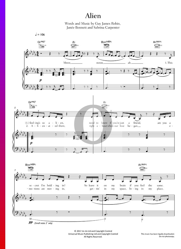 Alien (Sabrina Carpenter, Jonas Blue) Piano Sheet Music - OKTAV