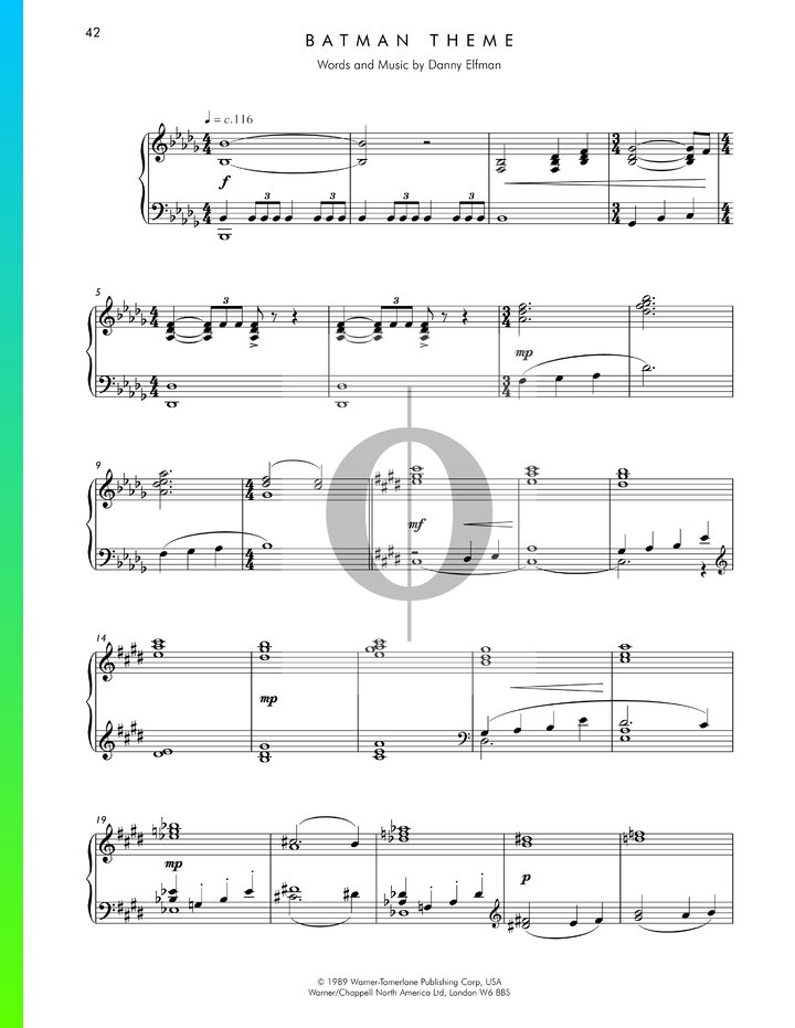 Batman Theme Piano Sheet Music from Batman by Danny Elfman - OKTAV