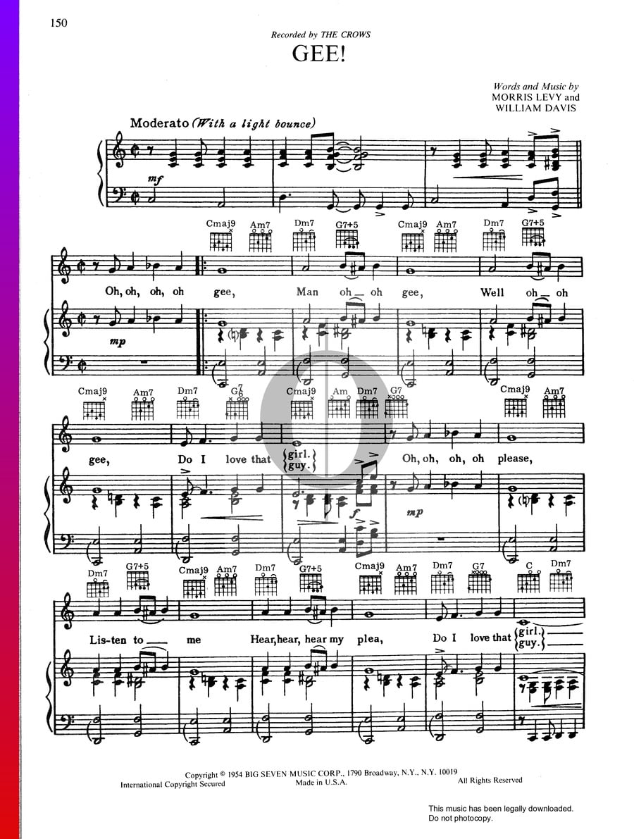 Gee! (The Crows) Piano Sheet Music - OKTAV