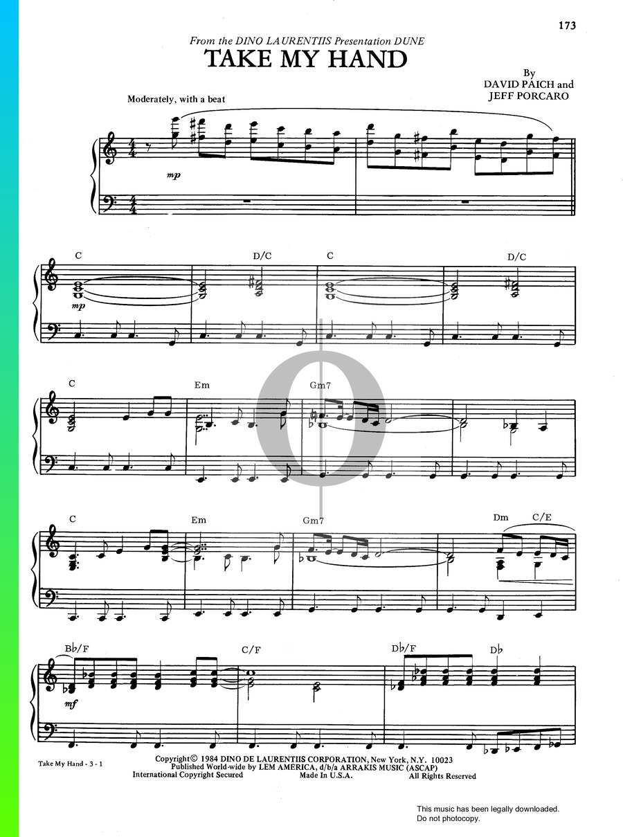 Take My Hand Piano Sheet Music from Dune by Toto - OKTAV