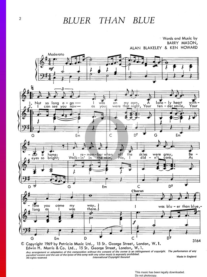 Bluer Than Blue (Rolf Harris) Piano Sheet Music - OKTAV