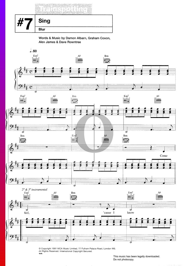 Sing (Blur) Piano Sheet Music - OKTAV