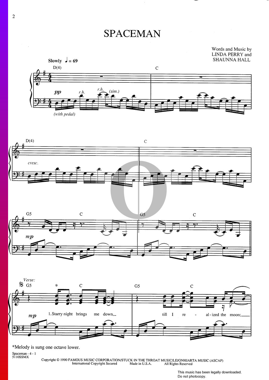 Spaceman (4 Non Blondes) Piano Sheet Music - OKTAV