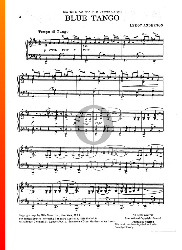 Blue Tango (Ray Martin) Piano Sheet Music - OKTAV
