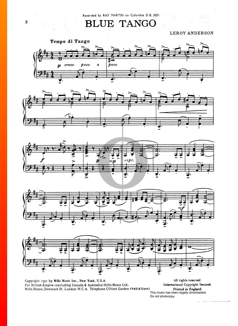 Blue Tango (Ray Martin) Piano Sheet Music - OKTAV