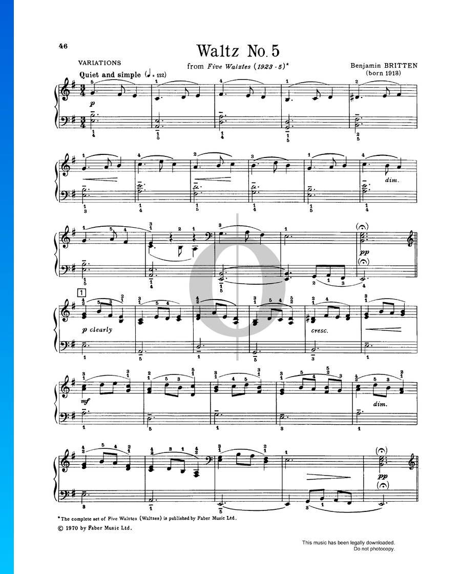 Five Waltzes, Op. 3: Waltz No. 5 (Benjamin Britten) Piano Sheet Music ...