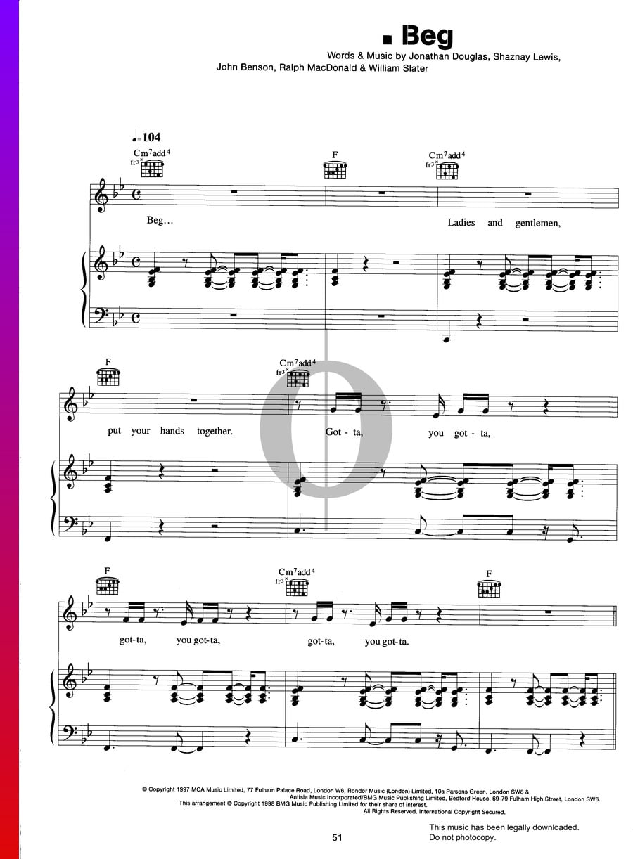 Beg (All Saints) Piano Sheet Music - OKTAV