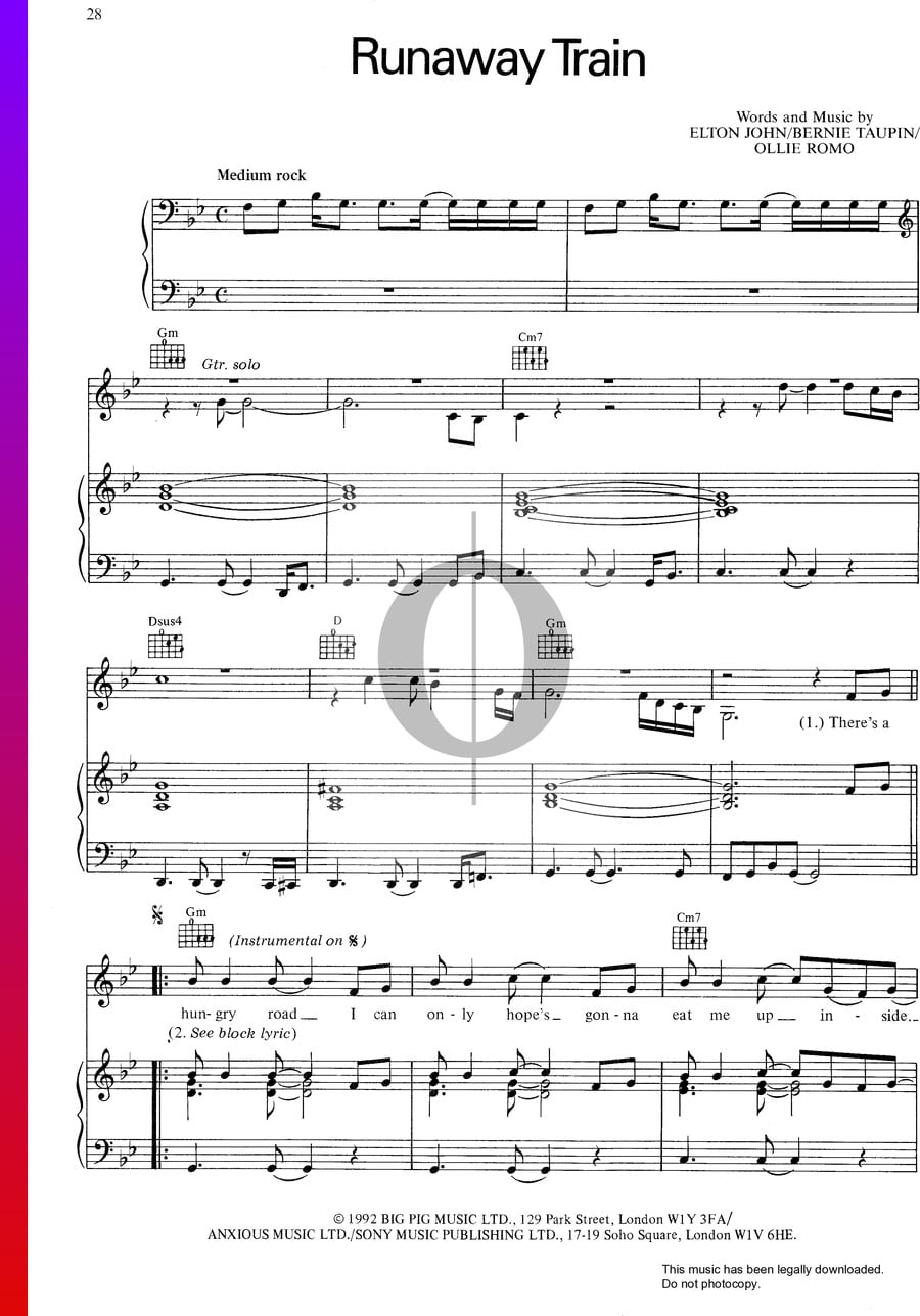 Runaway Train (Elton John) Piano Sheet Music - OKTAV