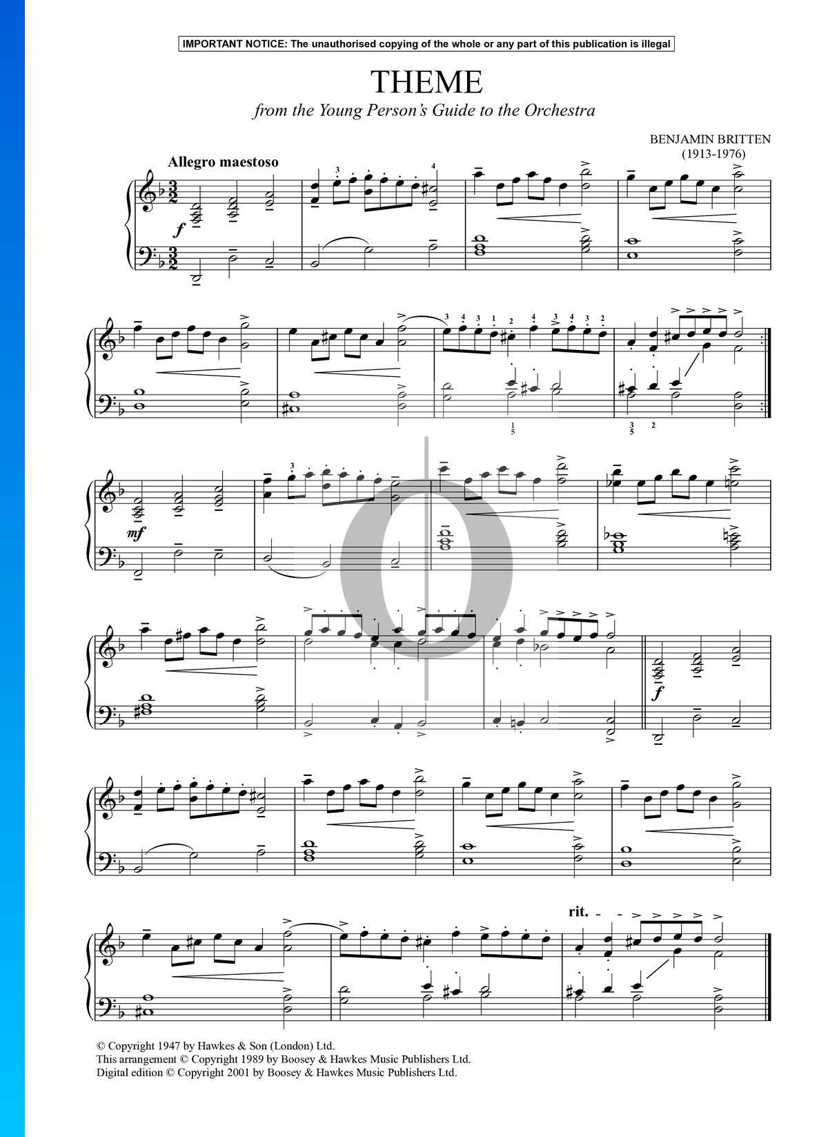 The Young Person’s Guide to the Orchestra (Theme) bladmuziek (Pianosolo ...