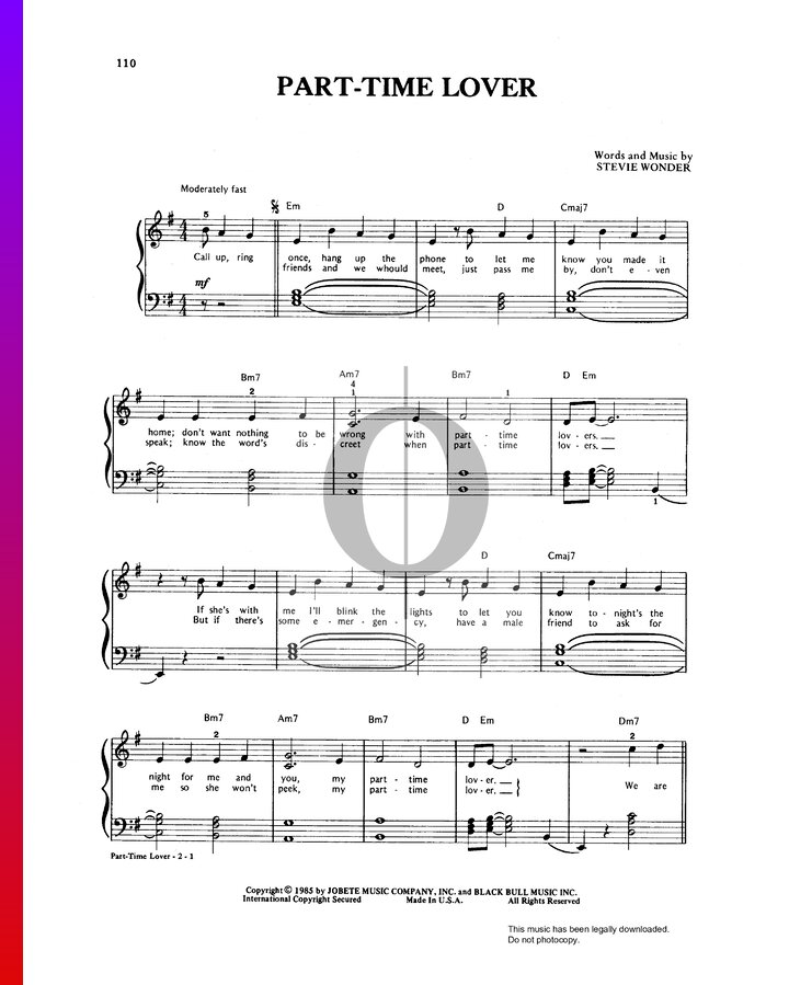 Part Time Lover (Stevie Wonder) Piano Sheet Music - OKTAV