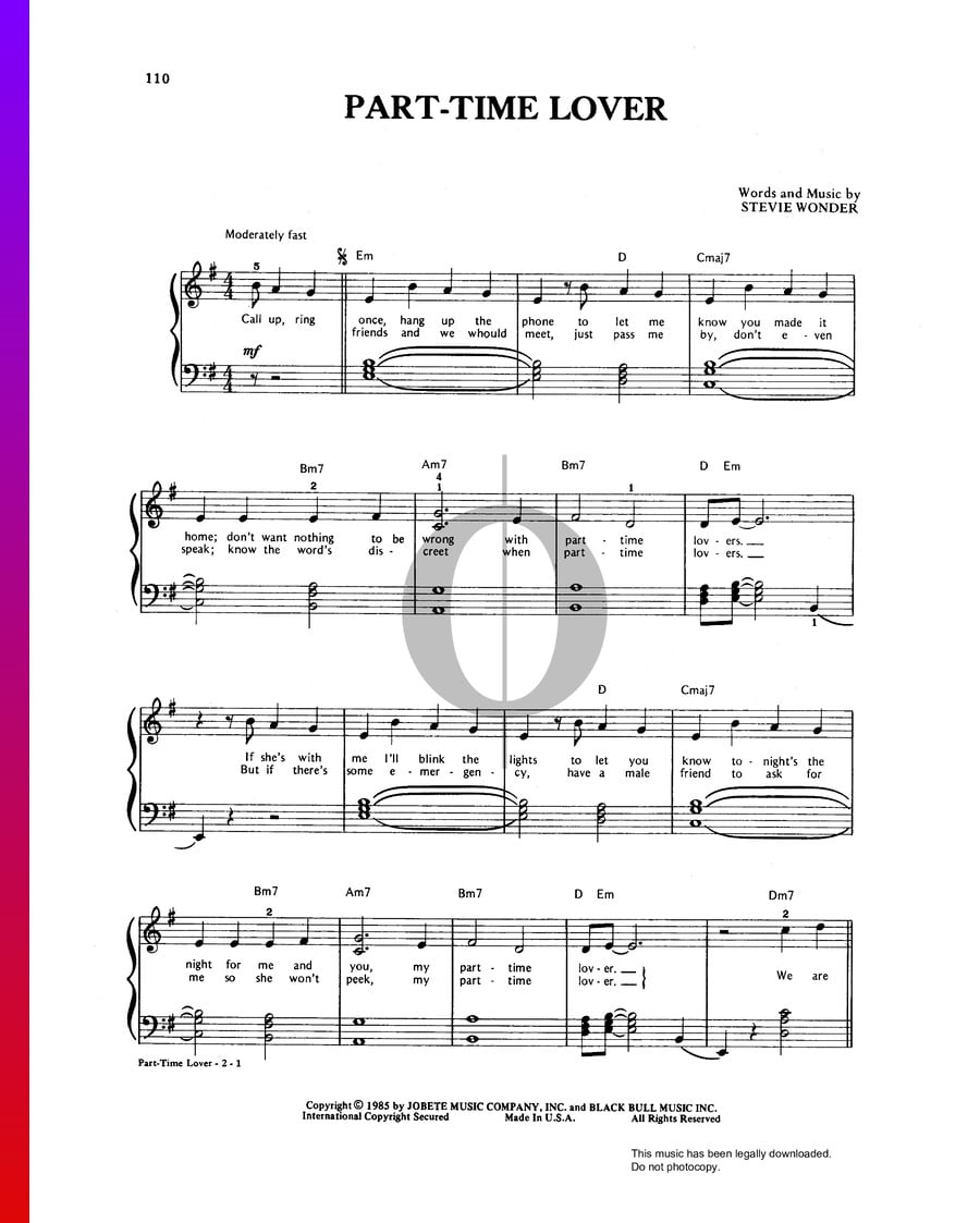 Part Time Lover (Stevie Wonder) Piano Sheet Music - OKTAV