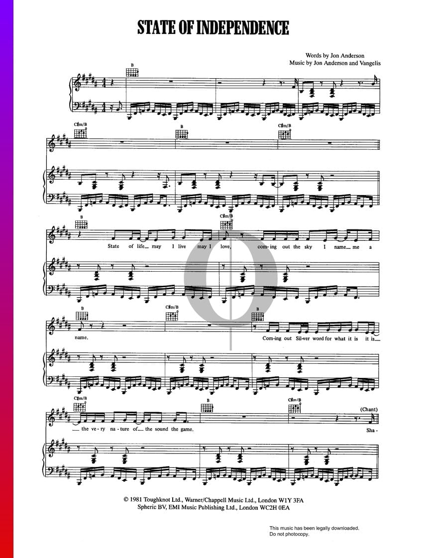 State Of Independence (Jon and Vangelis) Piano Sheet Music - OKTAV