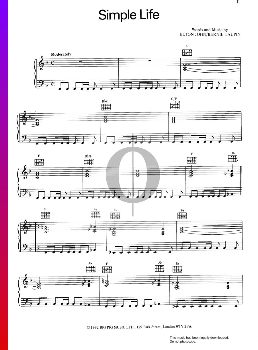 Simple Life (Elton John) Piano Sheet Music - OKTAV